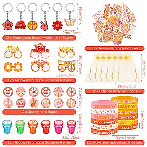 Sasylvia 122 Pcs Groovy Party Favors Retro Hippie Party Gifts Set Silicone Wristbands Keychains Badges Glasses Stickers Boho Stampers Gift Bags for Groovy Birthday Baby Shower Class Reward Supplies