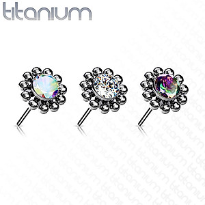 Amelia Fashion Implant Grade Titanium Threadless Push In Flower Tops with Center CZ and Surrounding Ball Cluster 14ga-20ga (Choose Color) (Clear)