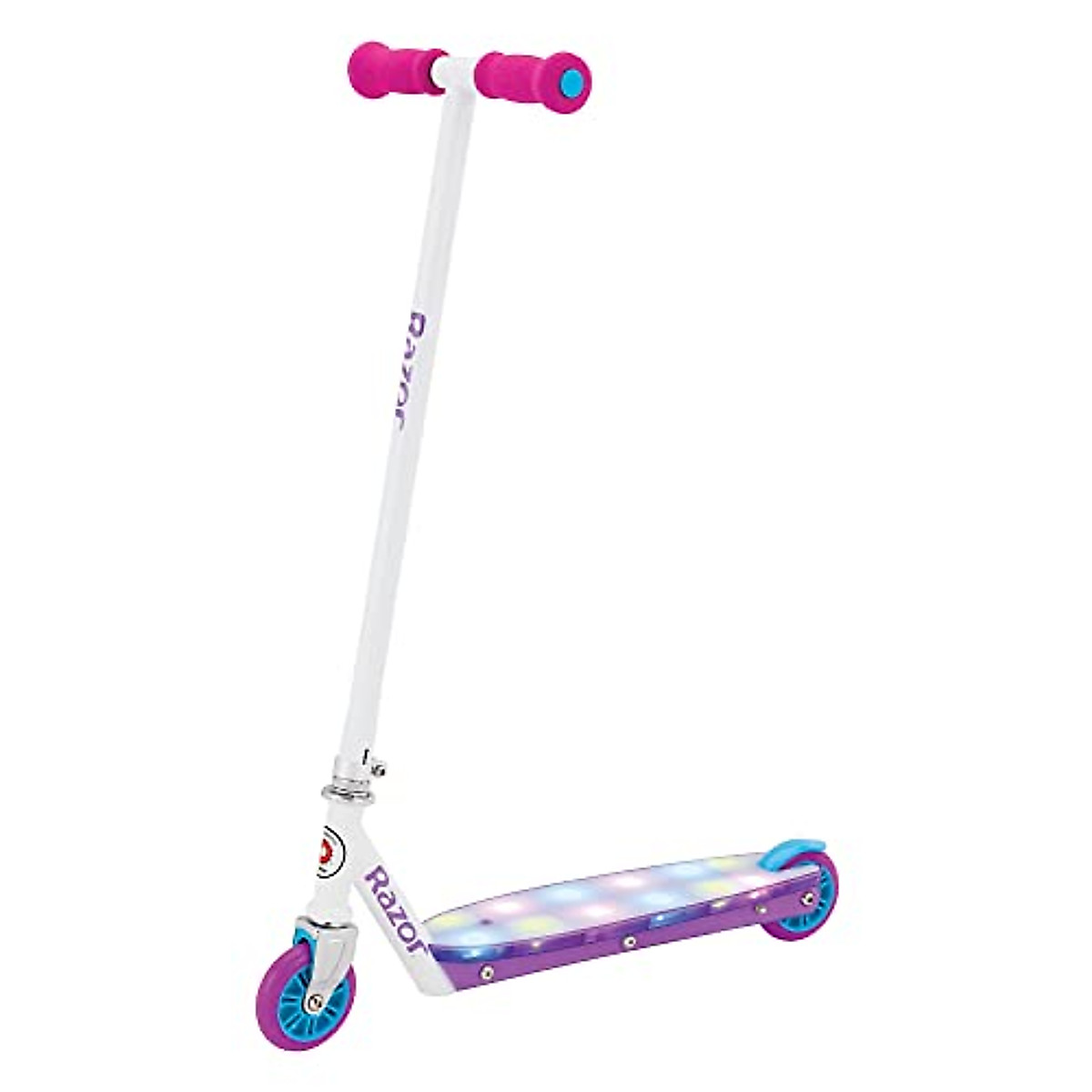 Razor Party Pop Kick Scooter for Kids Ages 6+ - 12 Multi-Color LED Lights, Urethane Wheels & A5 Lux Kick Scooter for Kids Ages 8+ - 8 Urethane Wheels, Anodized Finish Featuring Bold