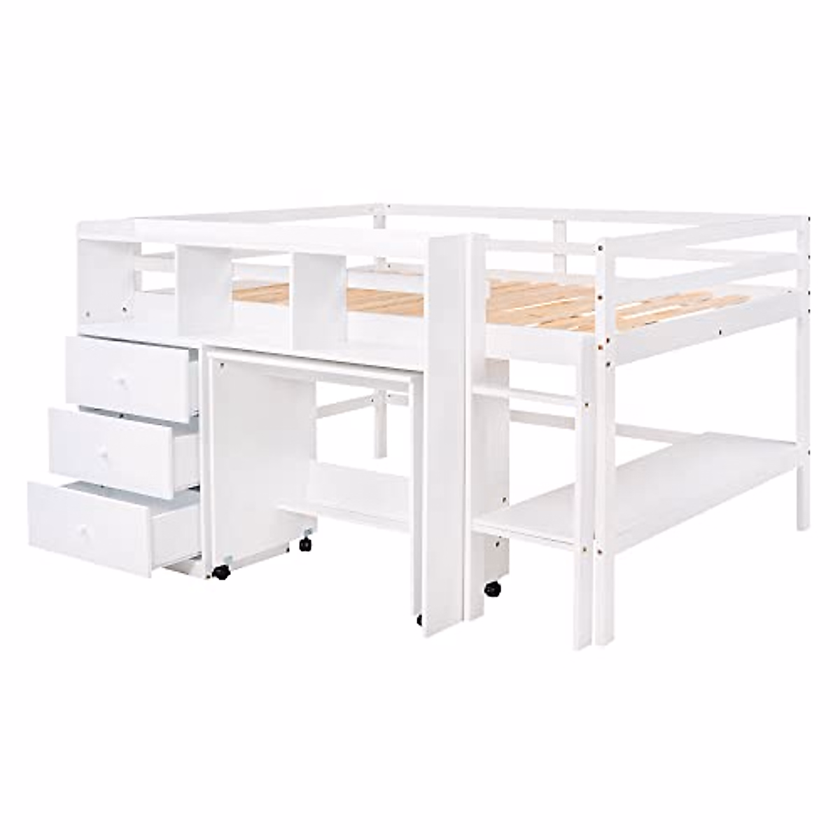 VilroCaz Full Size Low Loft Bed with Rolling Portable Desk and Drawers, Multiple Functions Wood Loft Bed Frame with Storage Shelves for Kids Teens, Sturdy Slats Support (White-Full)