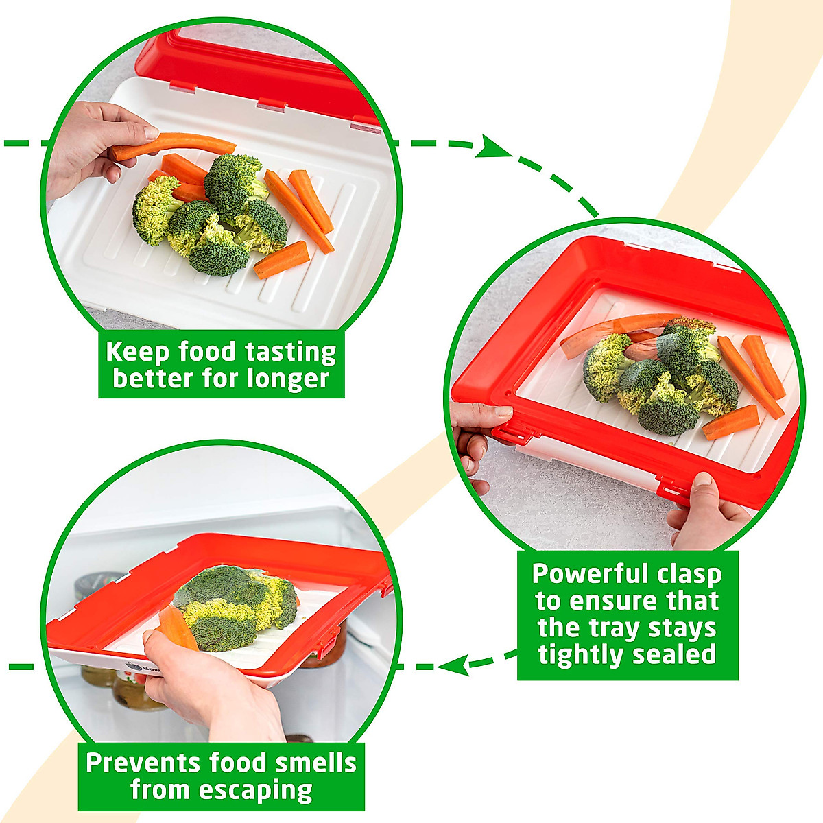 BOXSORY Food Preservation Trays - New Version 2021, Stackable, Reusable and Odor Free - Dishwasher Safe Refrigerator Storage Tray (4pcs) + Stretch Lids (6pcs)