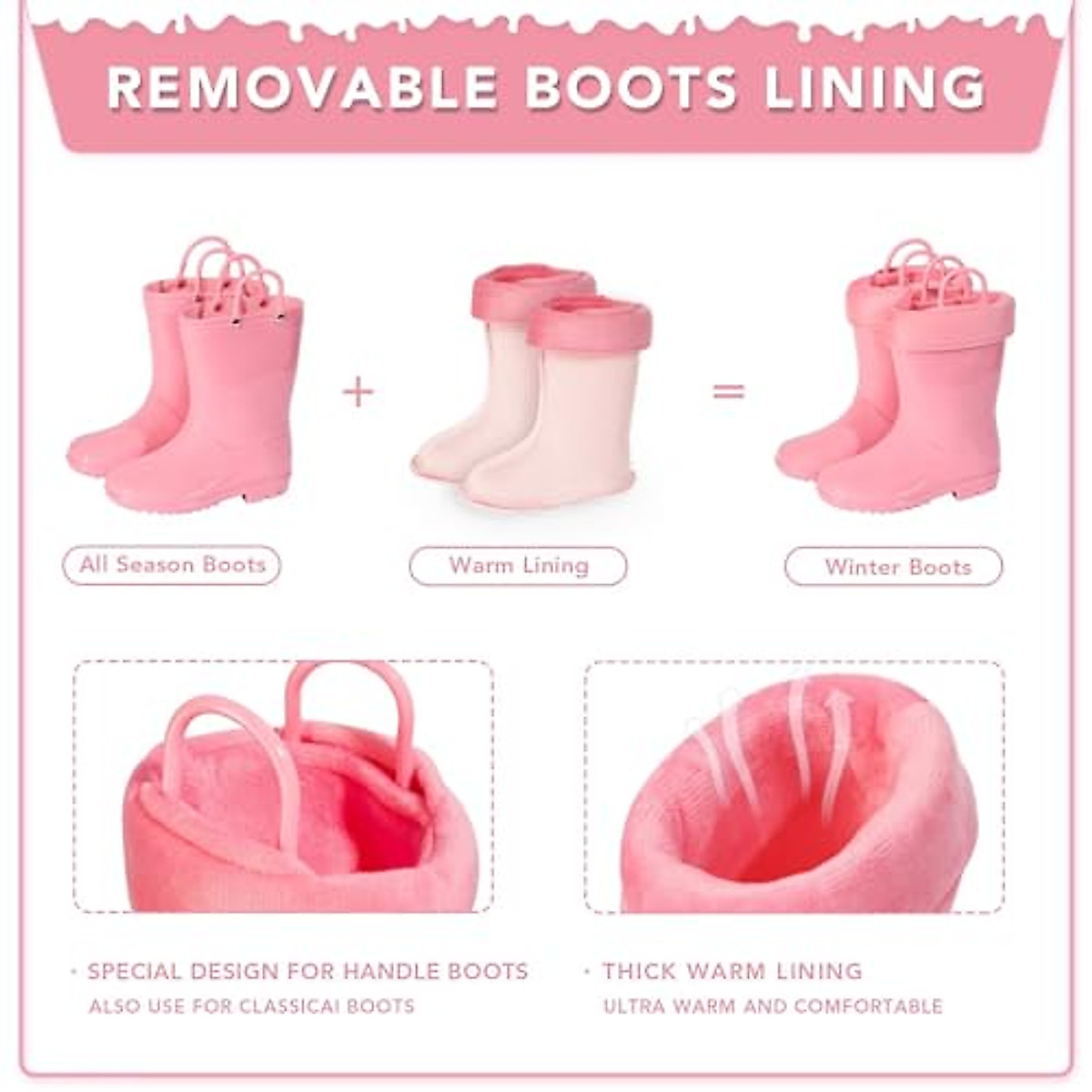 EUXTERPA Pink Kids Rain Boots, Girls Winter Rain Boots with Warm Lining, Toddler Waterproof Boots with Handles, Big kid size 2