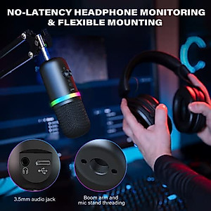WMT USB Microphone - Condenser Gaming Microphone for PC/MAC/PS4/PS5/Phone- Cardioid Mic with Brilliant RGB Lighting Headphone Output Volume Control, Mute Button, for Streaming Podcast YouTube Discord