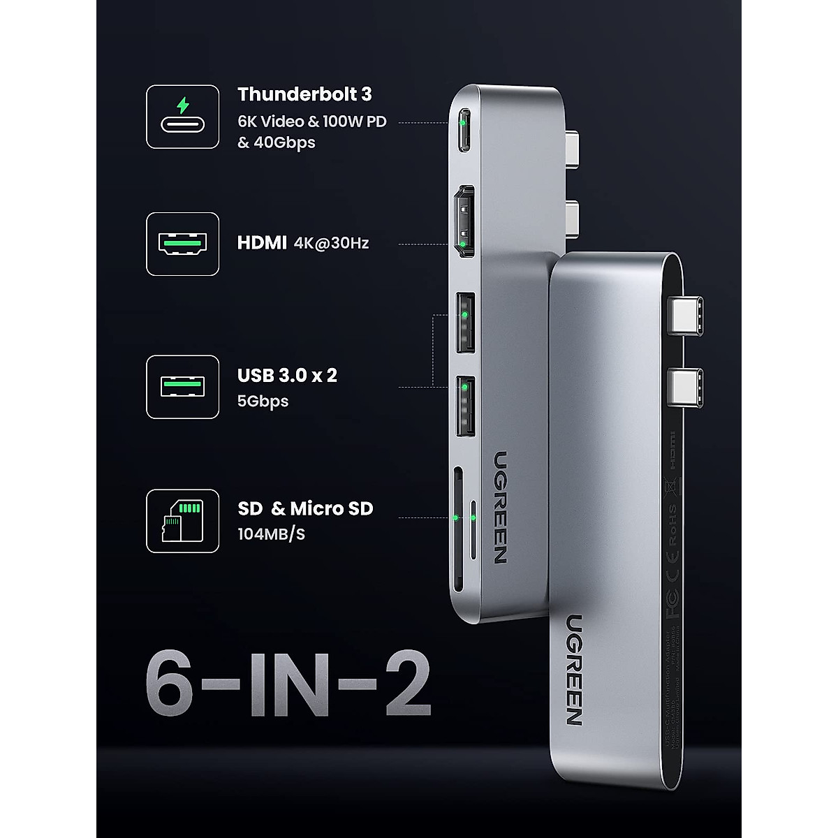 UGREEN USB C Hub Adapter for MacBook Pro MacBook Air M1 2020 2019 2018 with 4K HDMI Thunderbolt 3 100W Power Delivery SD TF Card Reader and 2 USB 3.0 Ports, Silver