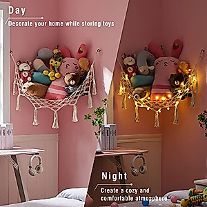 TECHMILLY Stuffed Animal Storage Hammock - 1 Pack Boho Plush Jumbo Toy Hanging Corner Net with LED for Nursery, Kids Bedroom, Play Room