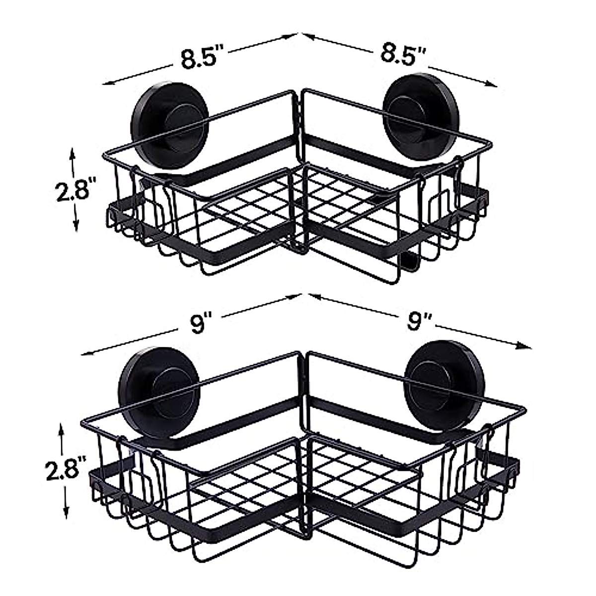 LEVERLOC Corner Shower Caddy Suction Cup with Hooks 2 Pack No-Drilling Rotating Removable Shower Caddy Basket, Stainless Steel Shower Shelves,Rustproof Organizer for Bathroom Storage,Black
