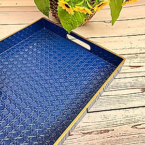 Umisriro Navy Blue Serving Tray with Handles, Plastic Decorative Tray for Ottoman, Coffee Table, Living Room, Kitchen 15.7”x10.2”