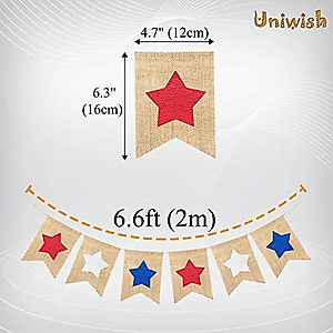 Uniwish Red White and Blue Stars Banner, Patriotic 4th of July Decorations American Independence Day Garden Flag Garland Burlap Bunting Sign