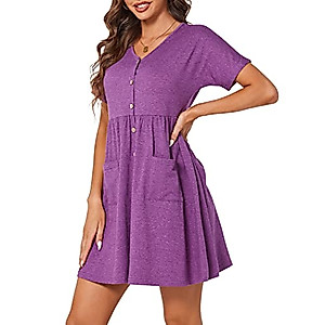 HOTOUCH Women's Plus Size Short Sleeve V-Neck Dresses Casual Loose Swing T-Shirt Dress Purple