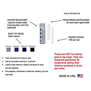 Chlorine Test Strips for Restaurant Sanitizer Bleach Test Paper, 10-200 ppm [6 Vials of 100 Paper Strips]