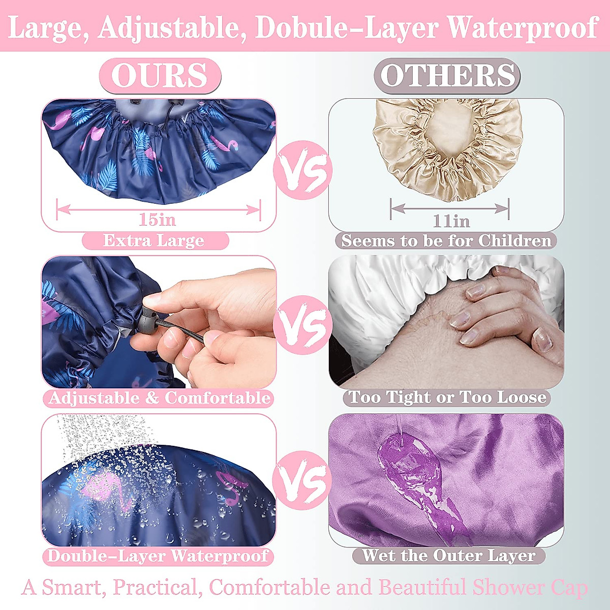 3 Pack Extra Large Double Layer Adjustable Shower Caps for Women, Waterproof Exterior & EVA Lining, Oversized Design for All Hair Lengths