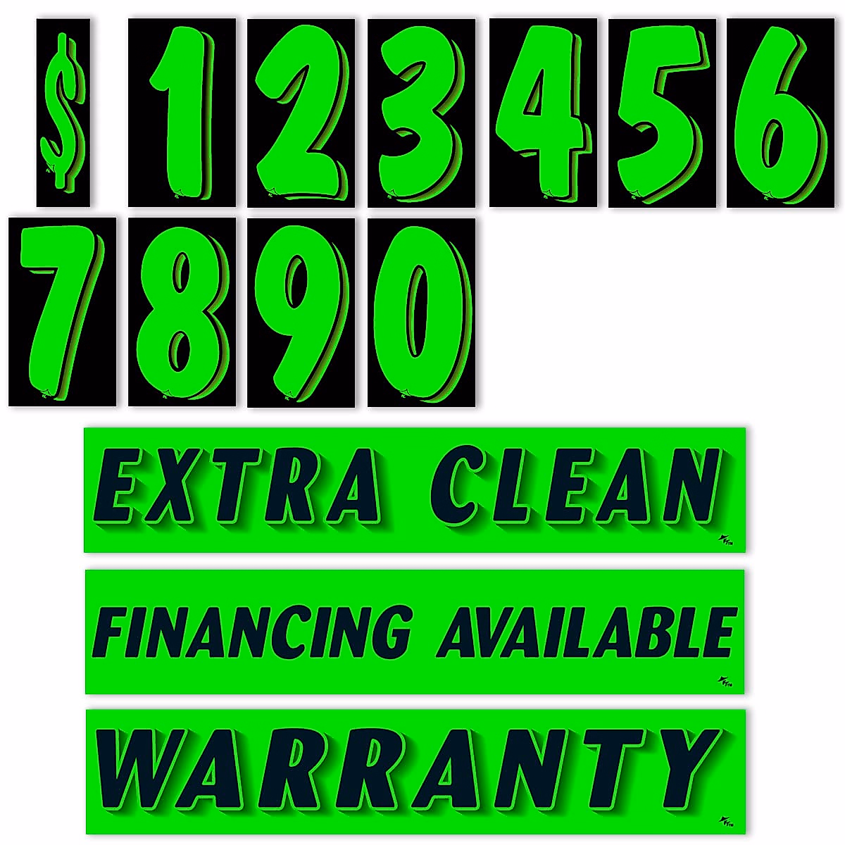 VERSA-TAGS 7.5" Black/Green Vinyl Number Decals 11 Dozen Set Windshield Pricing & 1 Pack of Each of Extra Clean, Financing Available, Warranty 14.5" x 2.75" Sticker Windshield Decal Auto Dealership