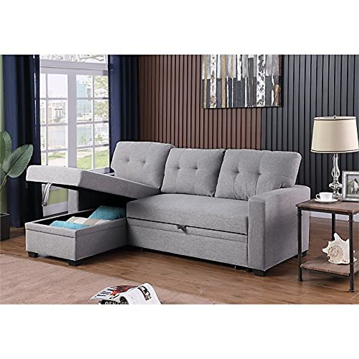 Devion Furniture Contemporary Reversible Sectional Sleeper Sectional Sofa with Storage Chaise in Light Gray Fabric