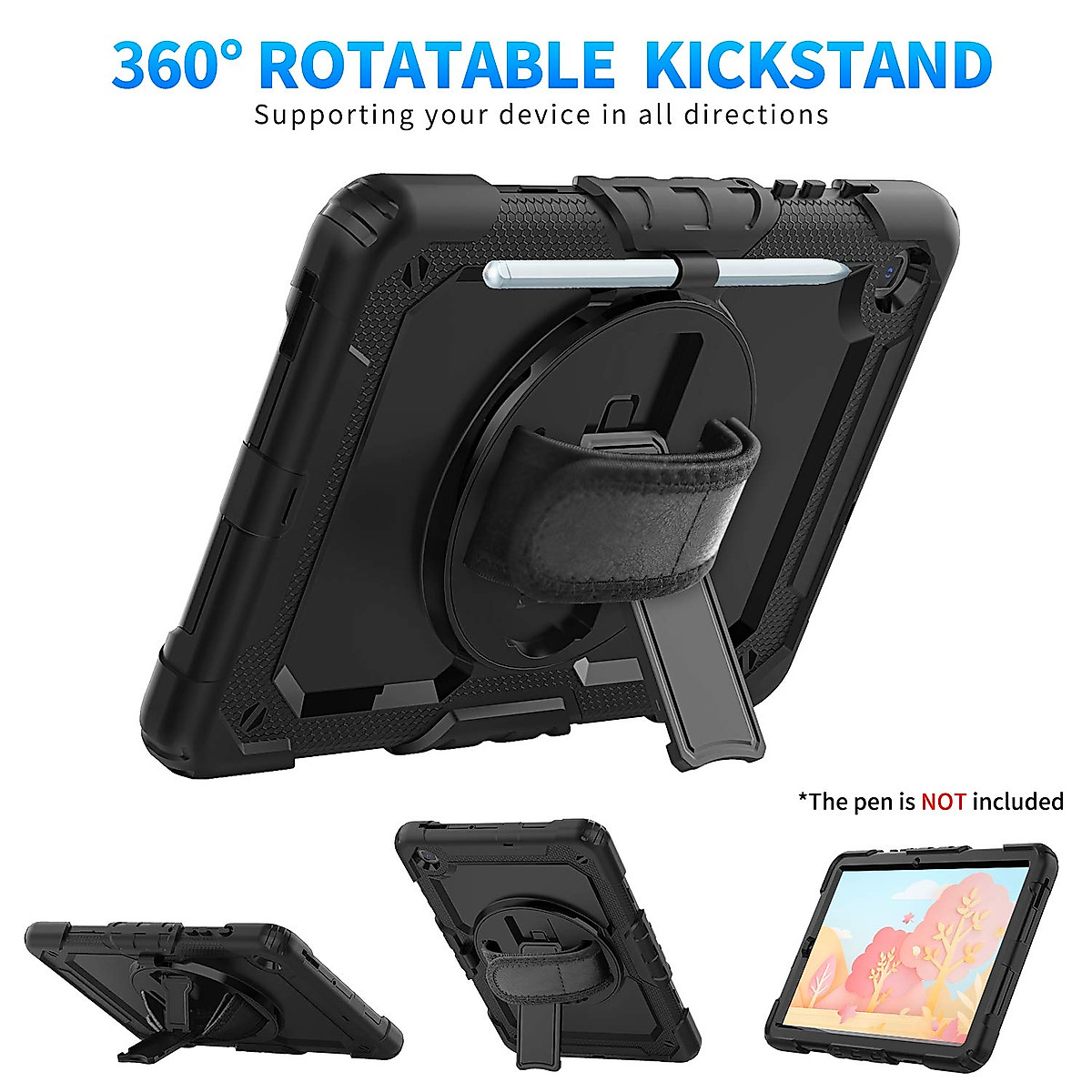 Timecity Case for Samsung Galaxy Tab S6 Lite 10.4'' 2024/2022/2020 (SM-P620/P610/P613/P615), Durable Sturdy Protective Case with Screen Protector, Rotating Stand, Hand/Shoulder Strap- Black