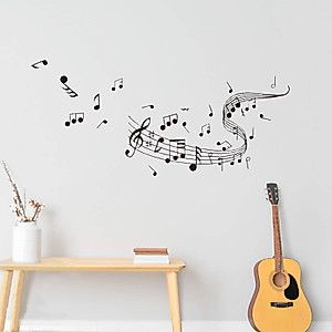 Music Notes Notation Band Wall Sticker Decal, Removable DIY Vinyl Art Mural Wallpaper Home Decor for Kids Bedroom Music & Dance Room Decorations(53×27inch / Black)