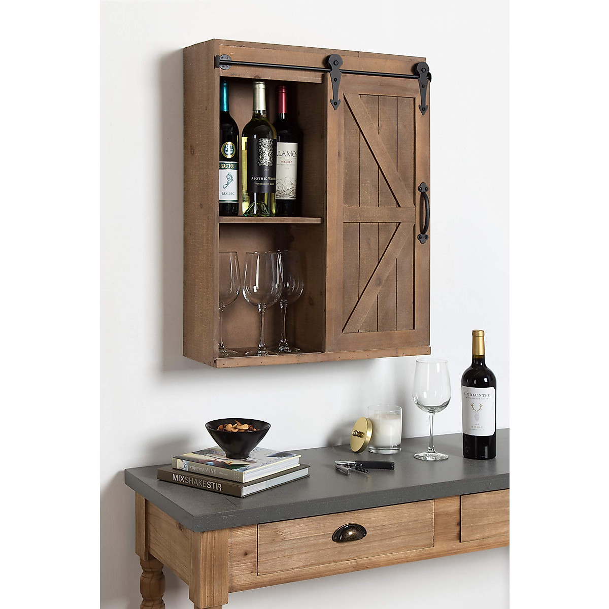 Kate and Laurel Cates Wood Wall Storage Cabinet with Sliding Barn Door, Farmhouse-Style Wall Cabinet, Ideal for Use as a Bathroom Cabinet, Pantry Cabinet, Kitchen Cabinet, Rustic Brown