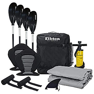 Elkton Outdoors Steelhead Inflatable Fishing Kayak Boat - 2 Person Angler Blow Up Tandem Kayak, Includes Paddles, Seats, Hard Mounting Points, Bungee Storage, Rigid Dropstitch Floor and Spray Guard