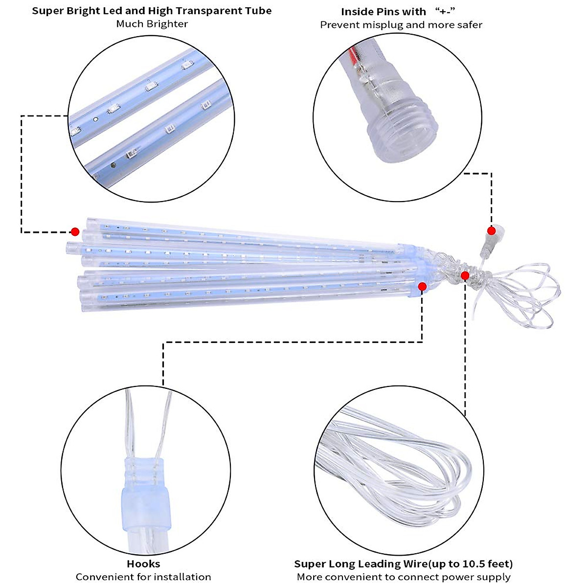 WISEFIN Meteor Shower Rain Lights 30CM 10 Spiral Tubes 192LEDs Cascading Rain Lights for Wedding Christmas Garden Tree Home Décor(White)