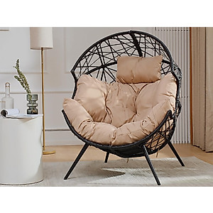 Godappe Egg Chair - Oversized Wicker Egg Basket Chair with Cushion and Stand, All-Weather Egg Dining Chair for Patio, Backyard, Living Room, Porch - Beige