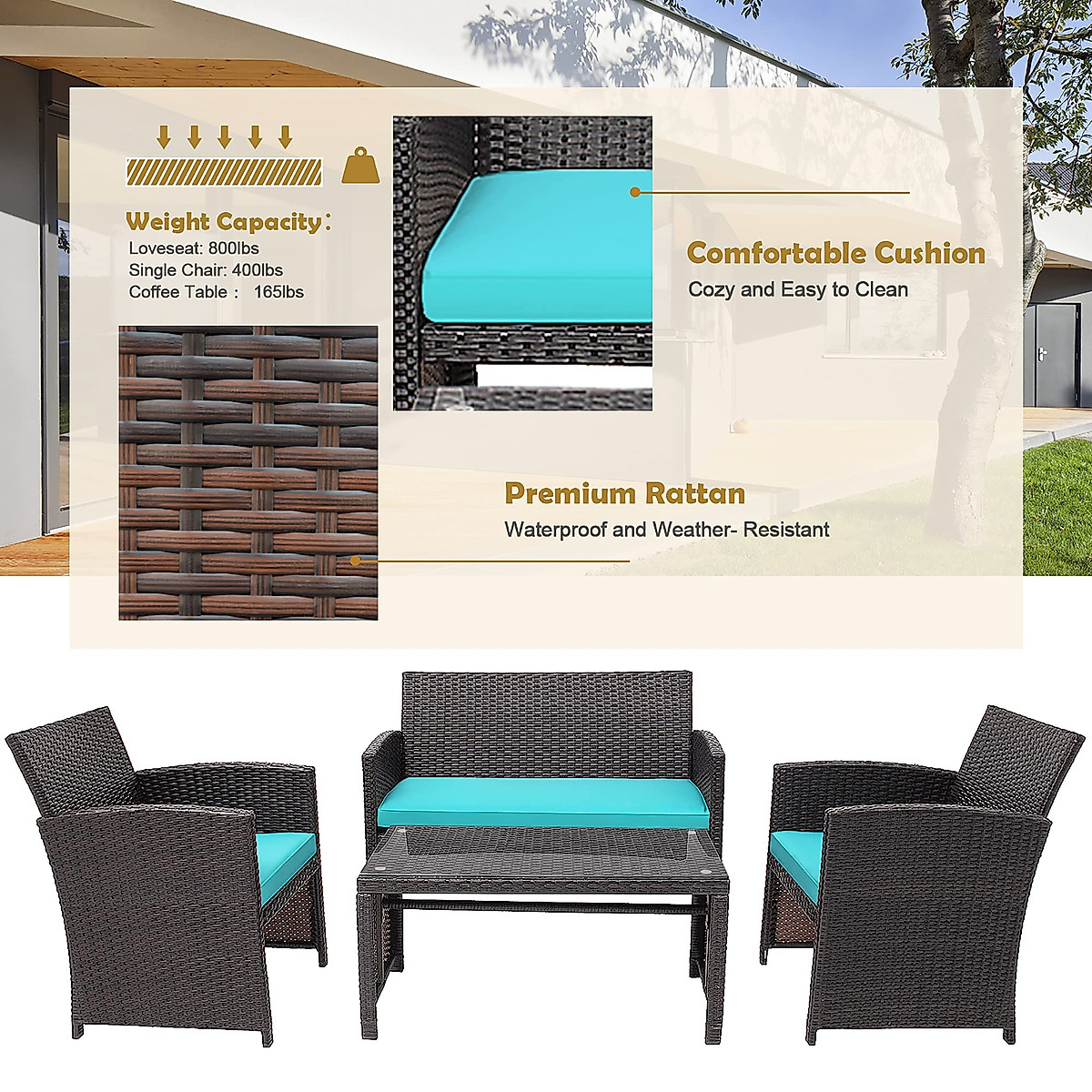 DORTALA 4 Pieces Wicker Patio Furniture Set, Outdoor PE Rattan Conversation Set with Chairs, Loveseat, Coffee Table, Cushions for Poolside, Turquoise