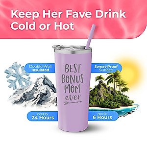 Best Bonus Mom Stainless Steel Coffee Mug with Insulated Travel Tumbler and Straw - Birthday Gift for Bonus Mom, Best Mom Ever, Friend, and Work Mom - Stepmom Travel Coffee Cup, Coffee Tumbler