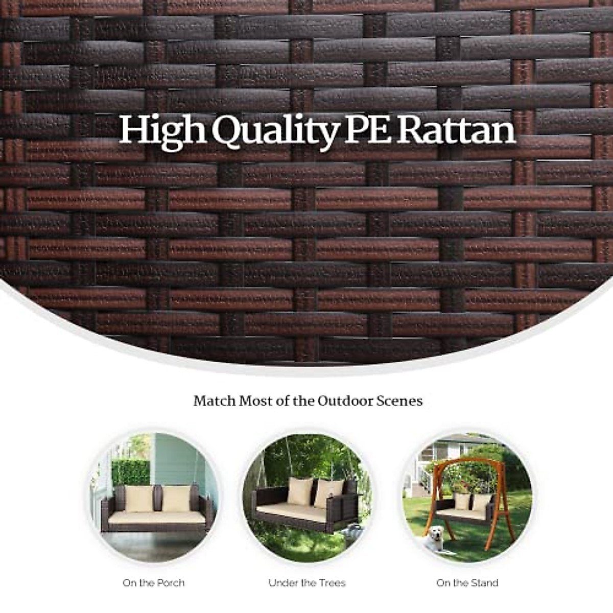 VINGLI Heavy Duty 800 LBS Wicker Hanging Porch Swing with Cushions & Chains, 4FT Outdoor Rattan Swing Bench for Garden, Yard, Lawn (Brown+Beige)