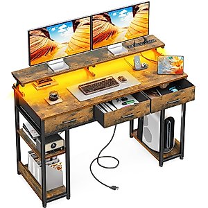 AODK 48 inch Computer Desk with 3 Drawers, Gaming Desk with LED Lights & Power Outlets, Home Office Desk with Storage Shelves & Monitor Stand, Modern Work Study Writing Table for Small Spaces, Vintage