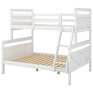 Majnesvon Twin Over Full Bunk Bed Frame with Ladder, Solid Wood Bunk Beds Loft Bed Frame Twin Over Full Size with Guardrail, Can Be Separated Into Twin/Full Size Bed, No Box Spring Needed (White)