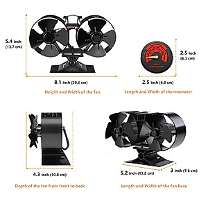 CRSURE Wood Stove Fan for Buddy Heater, Heat Powered Fireplace Fan with Meganect Thermometer, Dual Motors Fan for Mr Heater, Gas/Pellet/Wood/Propane Log Burner Stove, Non Electric