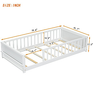 LostCat Twin Size Floor Bed Frame with Fence and Magazine Rack, Wood Montessori Floor Bed with Guardrails and Slat Support, Floor Bed Frame for Kids Girls Boys, White