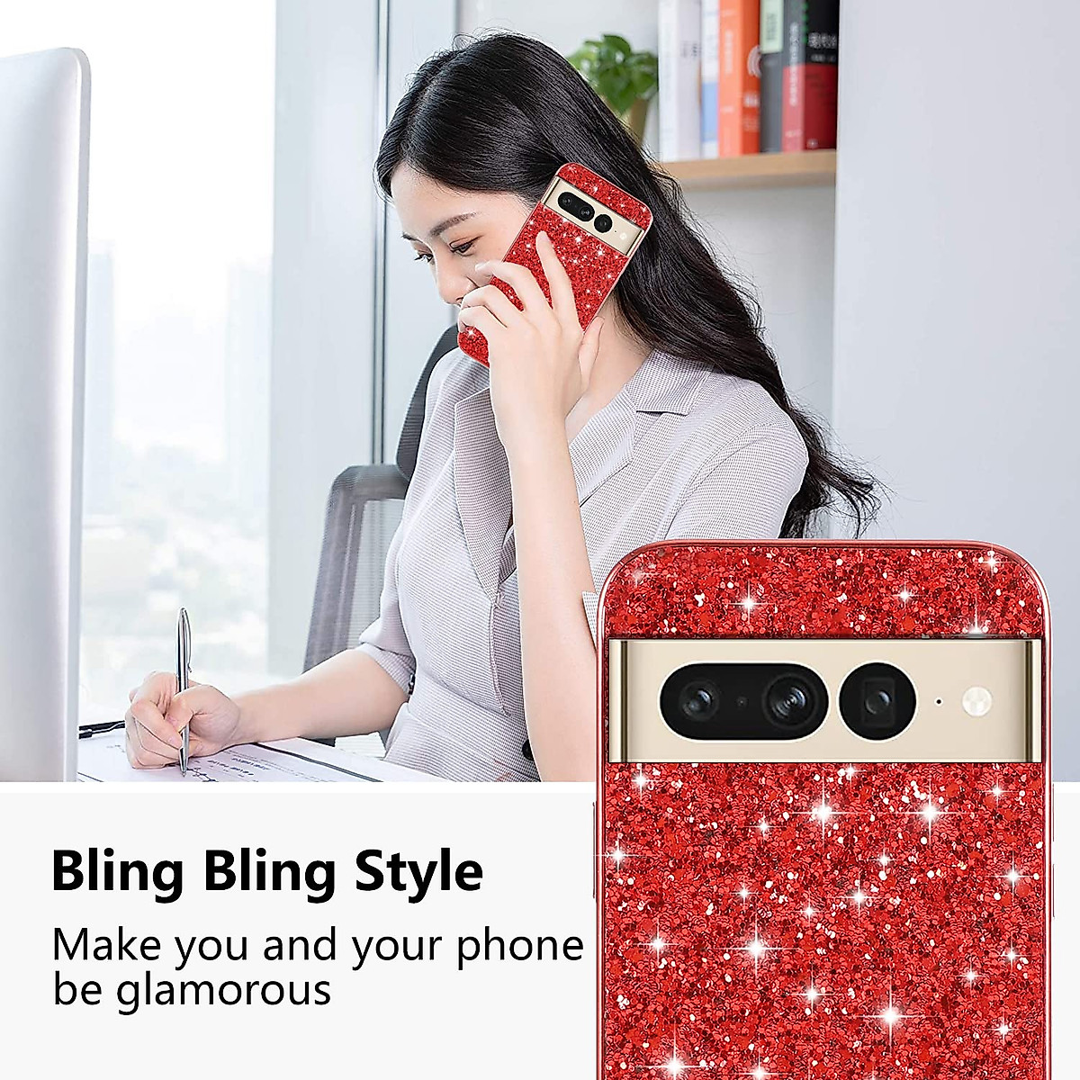 Compatible with Google Pixel 7 Pro Case Glitter Shockproof,Google Pixel 7 Pro Phone Case Bling Sparkly Soft TPU and PC Silicone Shiny Girl Women Thin Protective Cover (Red)