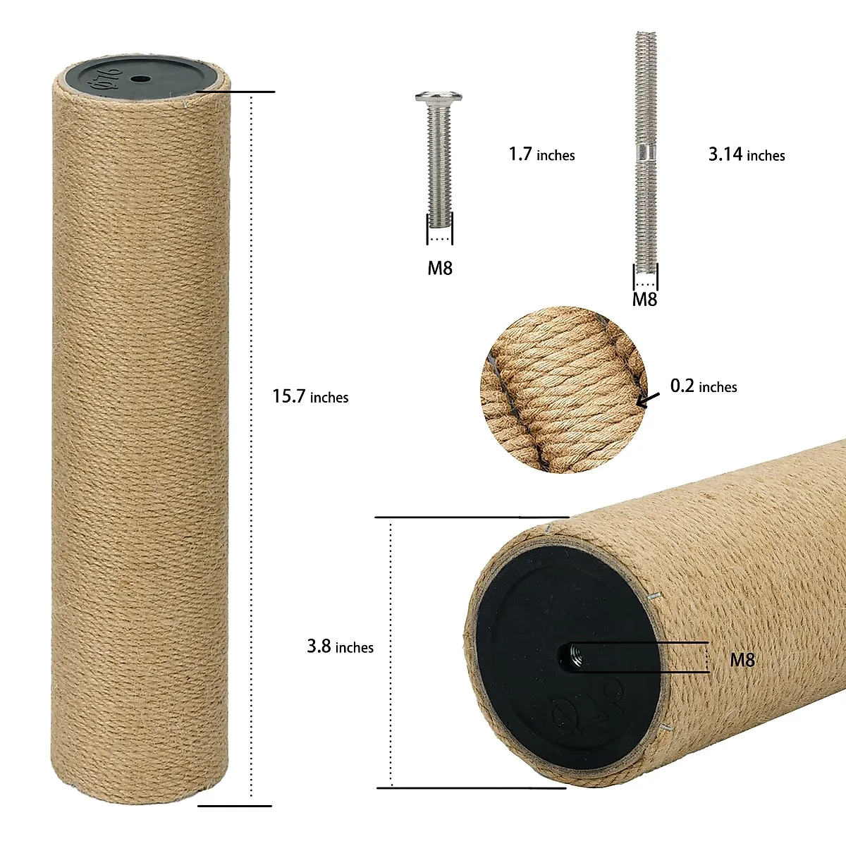 Cat Scratching Post Replacement - 15.7”x 3.8” Cat Tree Replacement Parts with M8 Screws, Cylinder Cat Tree Replacement Post Accessories for DIY Cat Tower Cat Hammock (Natural Jute, 4 Pack)
