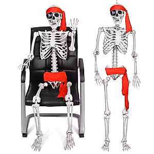 Fovths 5.4Ft/165 cm Pre-Assembled Halloween Skeleton Decoration Life-Size Skeleton Full Body Posable Human Bone with Movable Joints Headband Belt Eye Patch for Halloween Outdoor Yard Haunted House