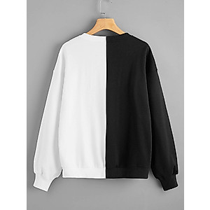 SweatyRocks Women's Crew Neck Color Block Long Sleeve Tunic Pullover Sweatshirt Top Black White XL