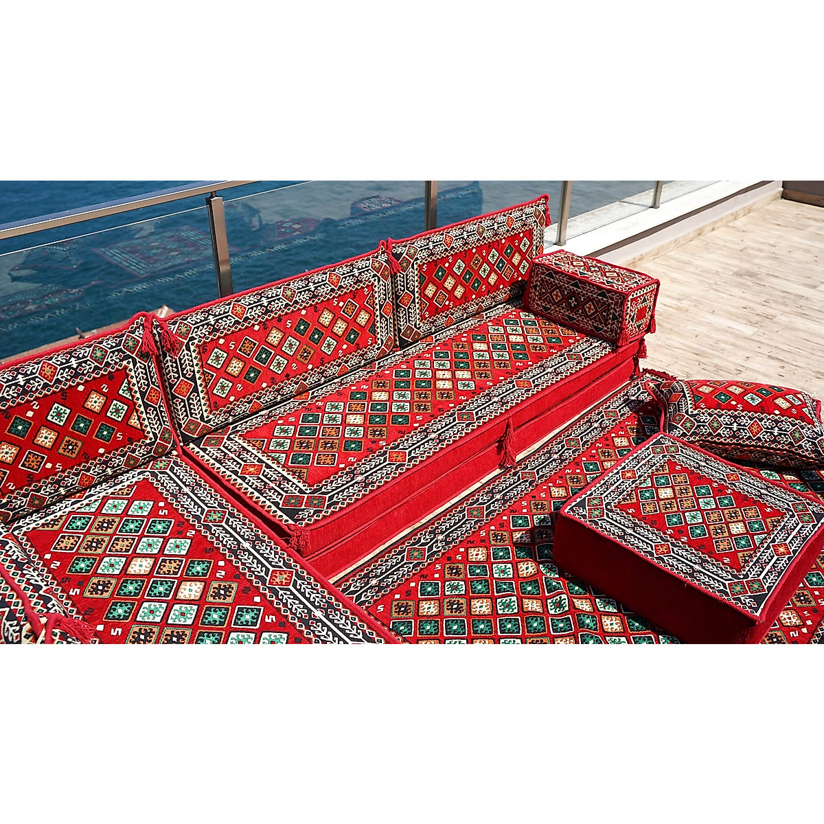 8" Thicknesse L Shaped Floor Couch, Arabic Sofa Seating, Floor Pillow, Corner Floor Couch, Sectional Sofa Set, Patio Furniture, Arabic Majlis (L Sofa + Rug + Poufs)