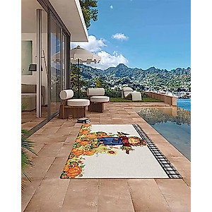 Outdoor Area Rug for Patio,Scarecrow Pumpkin Autumn Thanksgiving Camping Rugs Indoor Large Floor Mat 4x6ft,Farmhouse Black Plaid Linen Outside Carpet for Deck RV Picnic Porch Backyard Bedroom