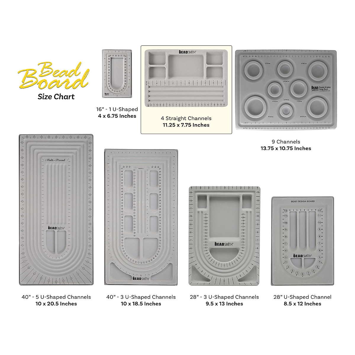 The Beadsmith Mini Bead Board, Grey Flocked, 4 Straight Channels, 5 Recessed Compartments, 7.75 x 11.25 inches, Design Boards for Creating Bracelets, Necklaces and Other Jewelry