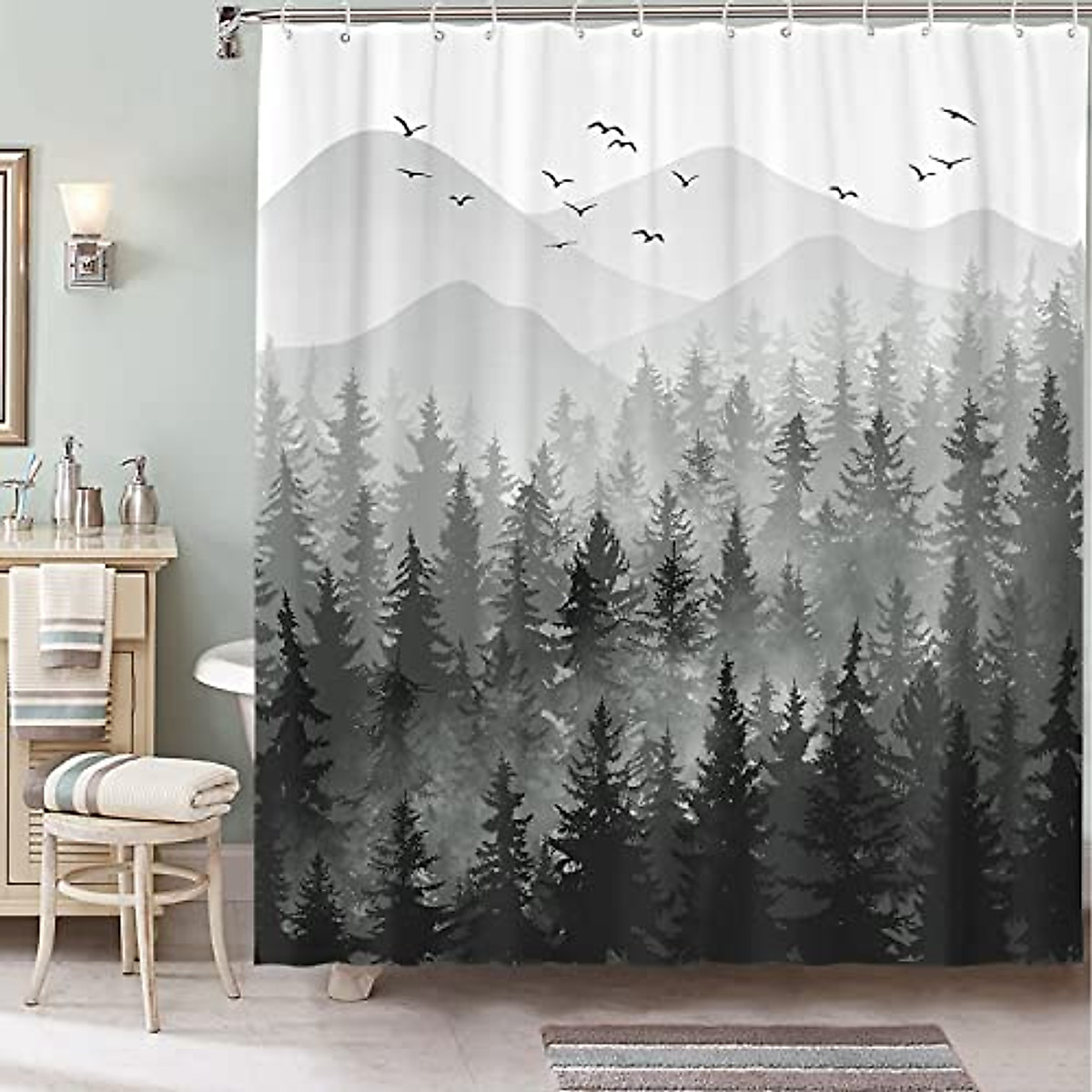 Accnicc Black and White Misty Forest Shower Curtain Set Grey Gray Ombre Waterproof Fabric Shower Curtains Nature Tree Mountain Woodland Decorative Bathroom Bath Curtain Decor (72'' × 72'', Black)