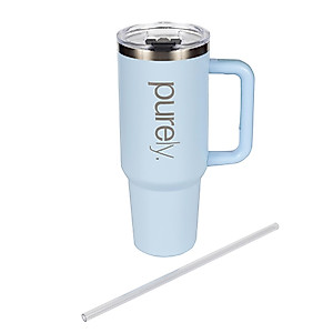 PURELY 40 oz Ceramic Lined Insulated Tumbler with Handle, Leak Resistant 2-way Lid and Straw, Ceramic Lined Travel Mug (Blue, 40oz)