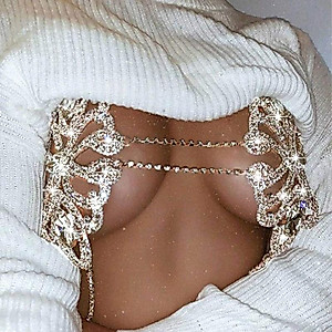 Graeen Crystal Bra Chains Rhinestone Bra Top Flower Chest Chain Silver Body Chain Nightclub Body Jewelry for Women (A)