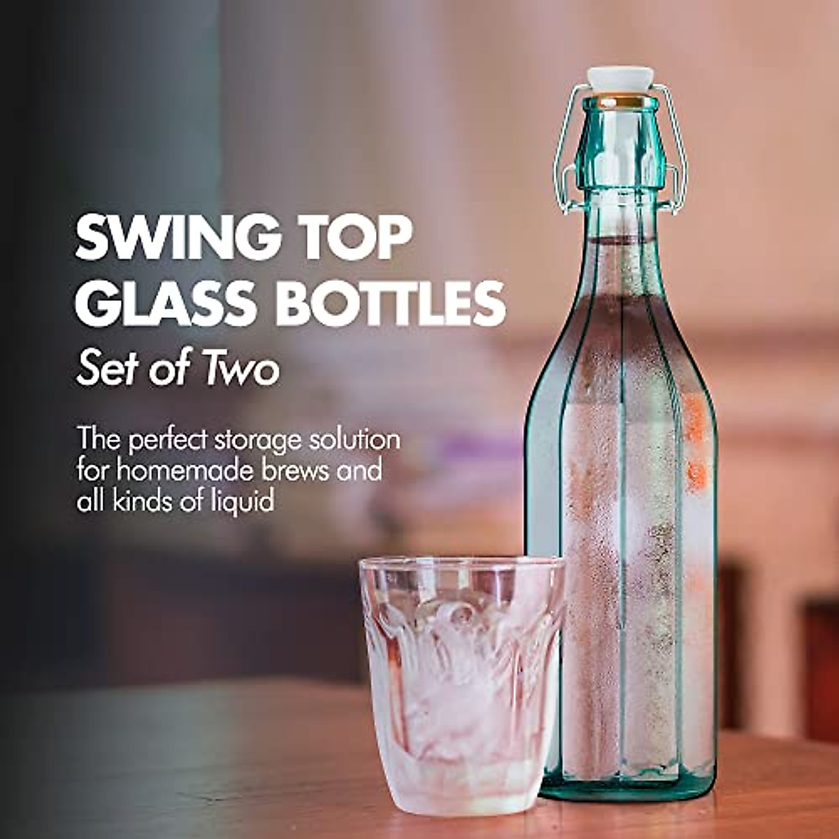 Amici Home Faceted Hermetic Glass Bottles | Eco-Friendly Swing Top Glass Bottles | Flip Top Glass Bottle with Airtight Cap | Glass Bottles with Caps - Dishwasher Free (Set of 2, 17 Oz)