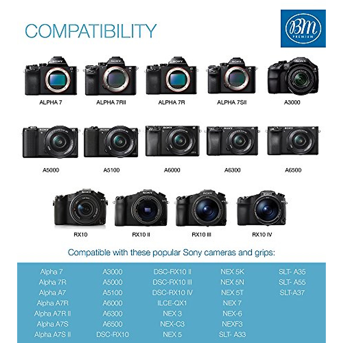 BM Premium 2 Batteries and Dual Bay Charger for Sony ZV-E10, A7 II, A6100, A6400, DSC-RX10 IV, DSC-RX10 II, RX10 III, Alpha 7, Alpha 7R, a7, a7R, A7s, A7s II, a3000 a5000 a5100 a6000 a6300 a6500