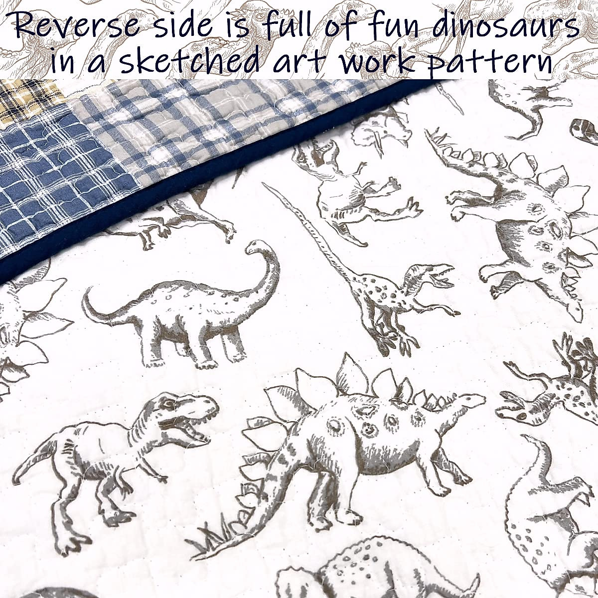 Cozy Line Home Fashions Benjamin Cute Dinosaur Plaid Navy Blue White Grey Bedding Quilt Set 100% Cotton Reversible Coverlet Bedspread Set for Kids Boy(Twin - 2 Piece)