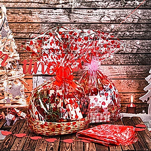 Zonon 20 Pcs Valentine Cellophane Bags 35 x 23 In Valentine Basket Bags Heart Printed Cellophane Wrap red Basket Bags Large Cellophane Bags for Baskets, Weddings (Heart Style)