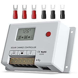 30A Solar Charge Controller, Bateria Power 12V/24V PWM Solar Panel Charger Controller Multi-Function Adjustable LCD Display with Dual USB Port Timer Setting Compatible with LFP, AGM, SLD, FLA