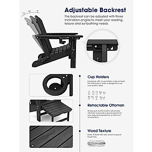 KINGYES Folding Adjustable Adirondack Chair with Retractable Ottoman Set of 4, HDPE All Weather Chair with Cup Holder - Versatile Adirondack Chair, Black