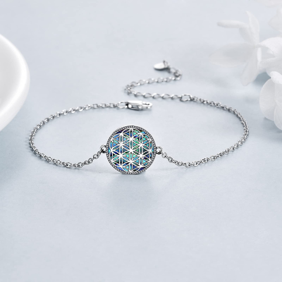 YAFEINI Flower of Life Bracelet 925 Sterling Silver Flower of Life Bracelet Abalone Shell Flower of Life Jewelry for Women Jewelry Gifts