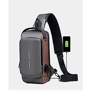 Anti theft Crossbody Sling Bag ,Waterproof Chest Daypack with USB Charging, Shoulder Backpack for Men Women (Brown and Gray)