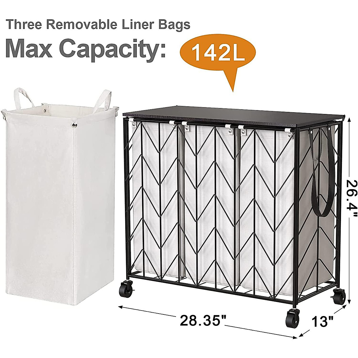 WOWLIVE Laundry Basket with Wheels, 142L Laundry Hamper 3 Section with Lid, Dirty Clothes Hamper with Removable Bags, Large Capacity Iron-Made Laundry Basket Organizer Laundry Sorter for Dorm, Beige