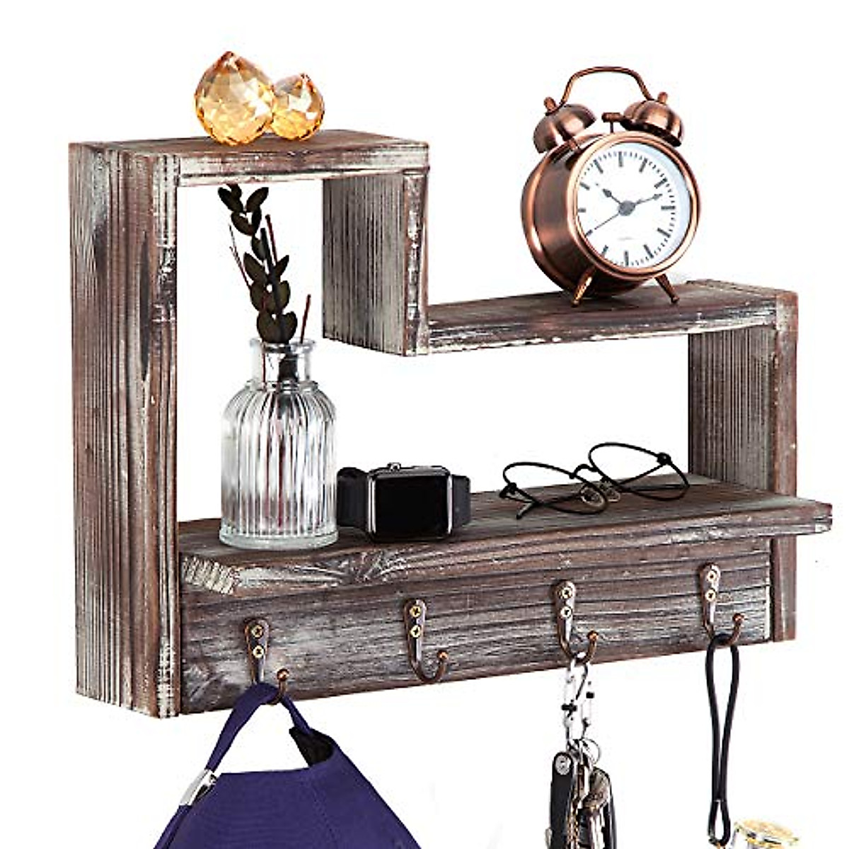 J JACKCUBE DESIGN Wall Mount Entryway Key Holder Rustic Wood Hanging Shelf with 4 Hooks for Keys, Mails, Home Decor Display Wooden Cubby Rack Hanger- MK537A